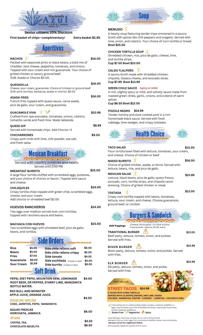 Menus – Hacienda Azul Mexican Grill and Cantina